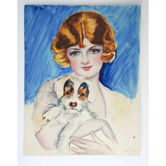 1920's Flapper Girl Puppy Dog Watercolor Portrait Painting | Chairish
