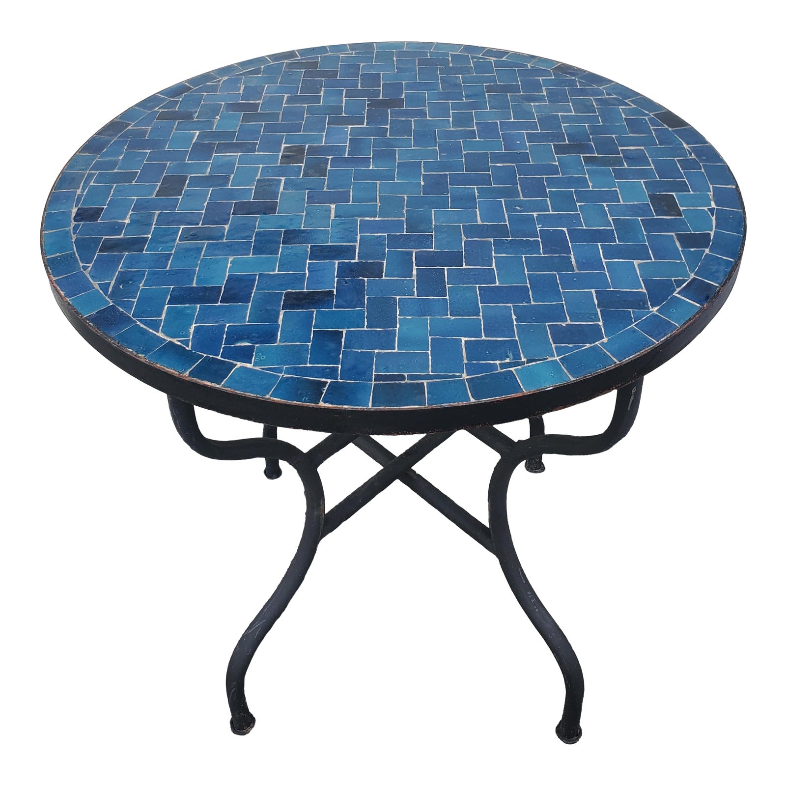 27" Moroccan Round Mosaic Table in Blue Petrol Bejmat Style | Chairish
