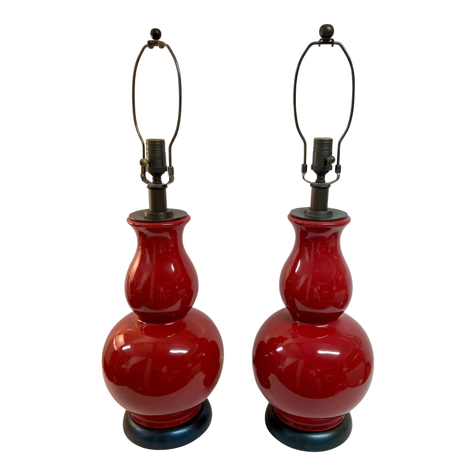 Gourd Shaped Apple Red Glazed Ceramic Table Lamps - a Pair | Chairish