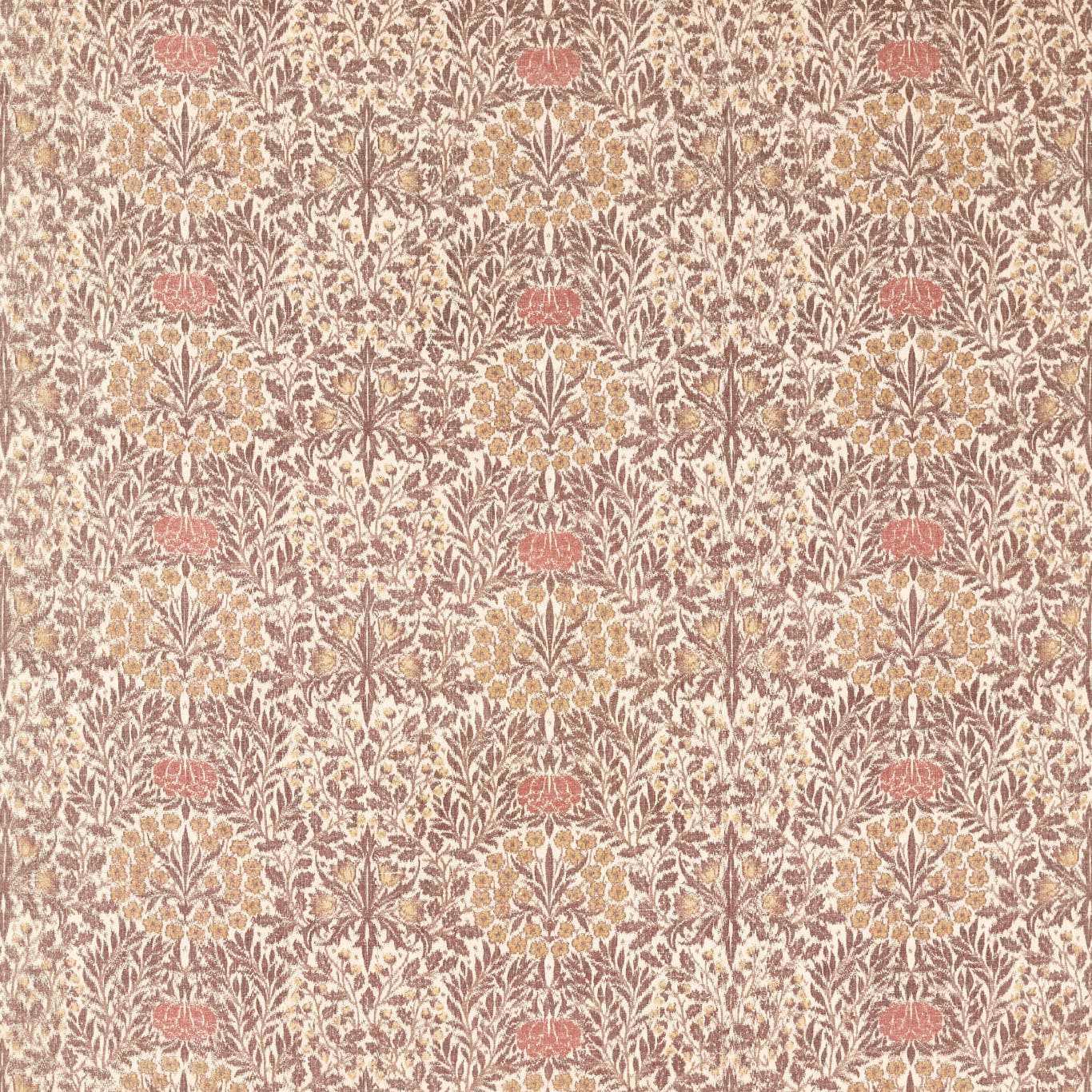 Morris & Co. Daisy & Oak Warp Print Fabric in Chestnut/Primrose | Chairish