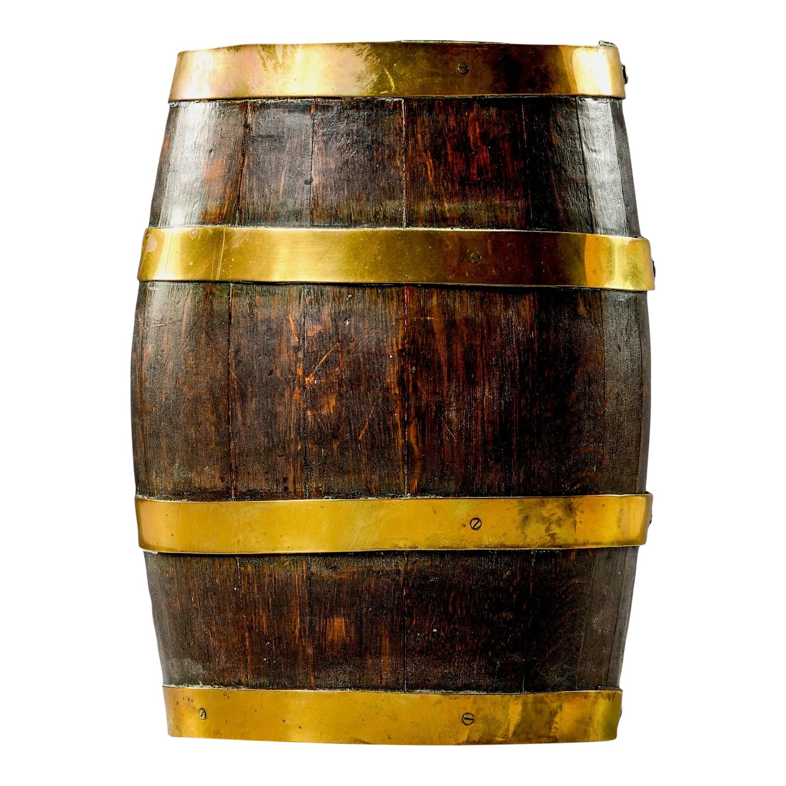 Antique English Dark Oak Barrel With Brass Bands | Chairish