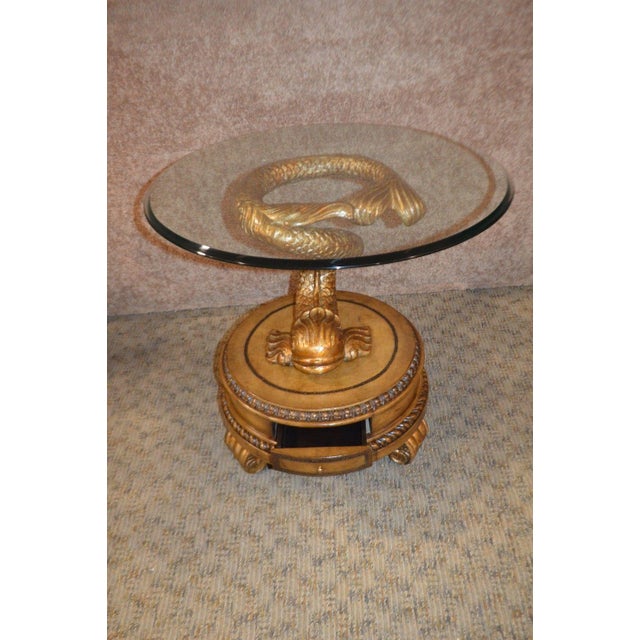 Carved Dragonfish Glass Top Accent Table | Chairish