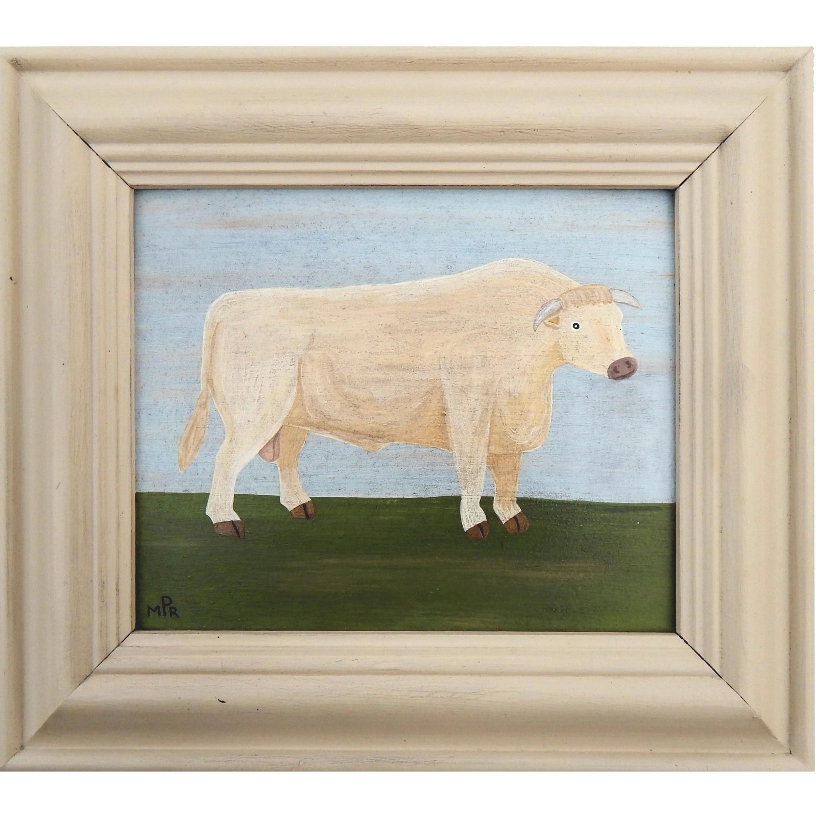 Matt Rix, Naive Style Prize British White Bull, Oil on Board, Framed ...