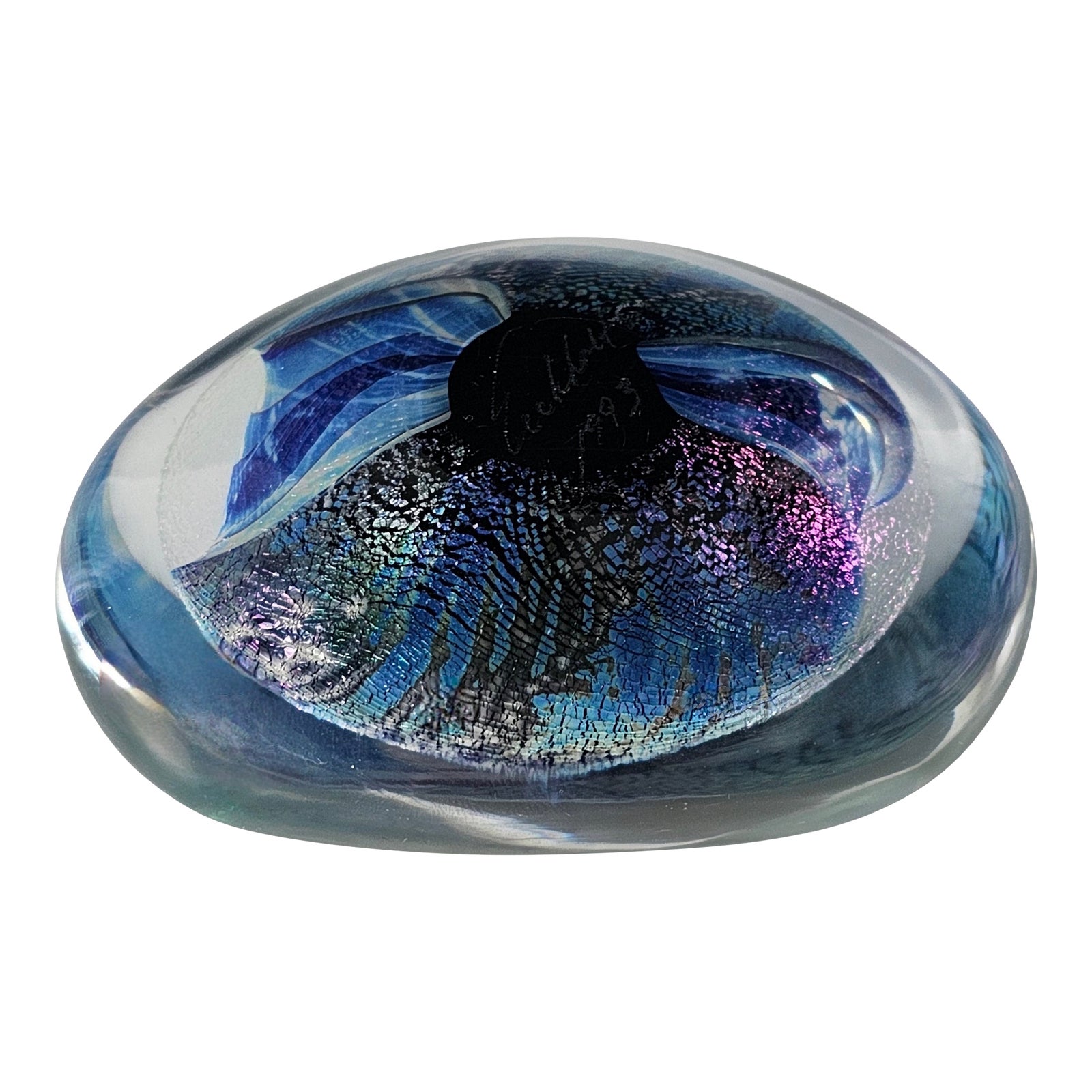 Robert Eickholt Blue Art Glass Paperweight Signed | Chairish