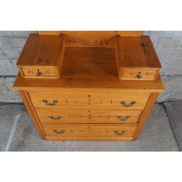 1900s Antique Victorian Carved Pine Step Back Dresser & Mirror | Chairish