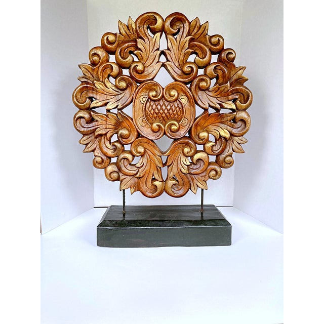 Vintage Rustic Decorative Hand-Carved Filigree Wood Medallion | Chairish