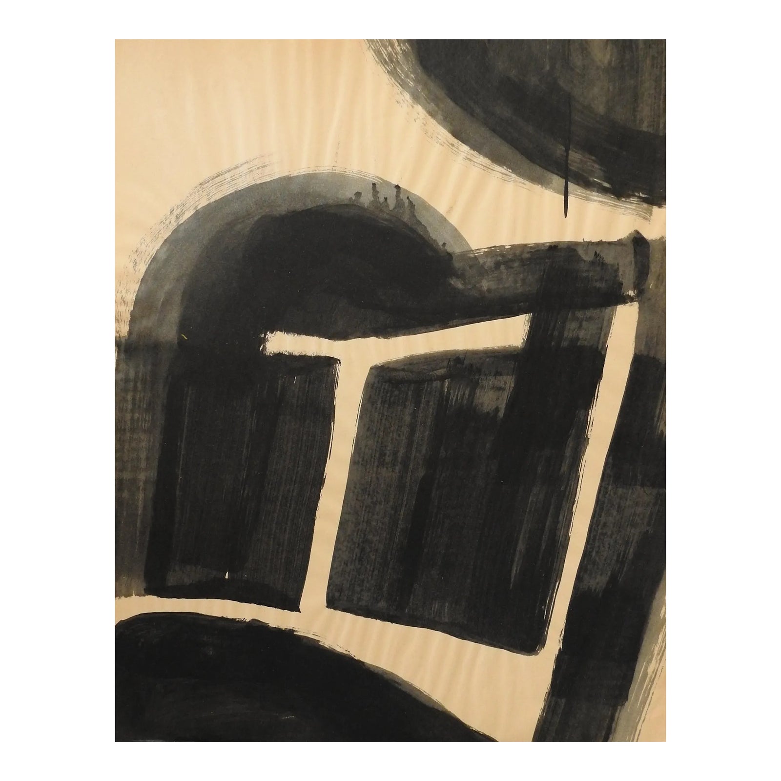Mid 20th Century Black and Tan Abstract Painting | Chairish