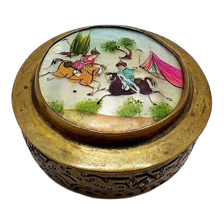 Round Antique Brass Snuff or Pill Box With Hand Painted Mughal Design ...