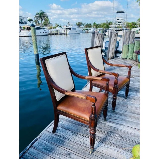 Vintage Polo Ralph Lauren Classic Carved Wood Dining Arm Chairs with Traditional Cognac Leather ...