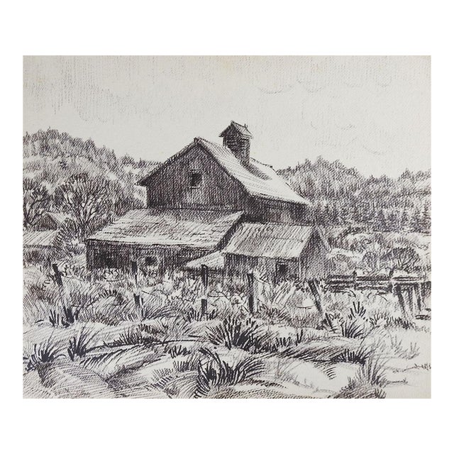 Vintage Mid 20th Century Simon Michael Old Ranch Barn Drawing | Chairish
