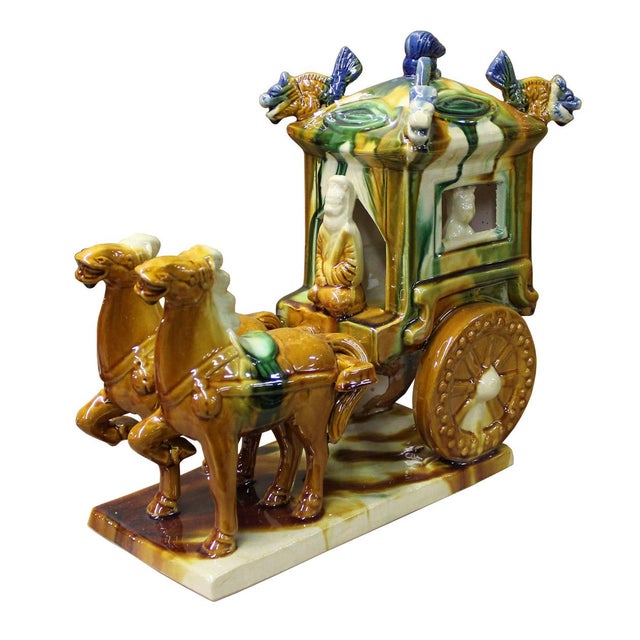 Chinese Tri-Color Ceramic Horse & Cart Figure | Chairish