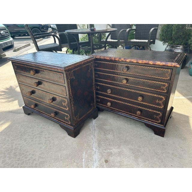 1980s Pair Stylized Lacquer Leather Etched Chests - Vintage | Chairish