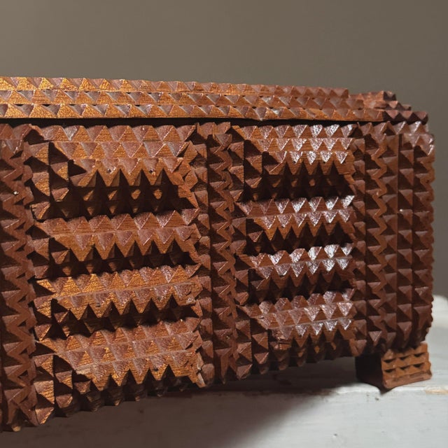 Antique Primitive Chip-Carved Lidded Tramp Art Box on Stacked Pedestal ...