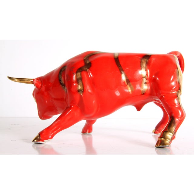 Vintage Mid Century Red & Gold Ceramic Bull Statue | Chairish