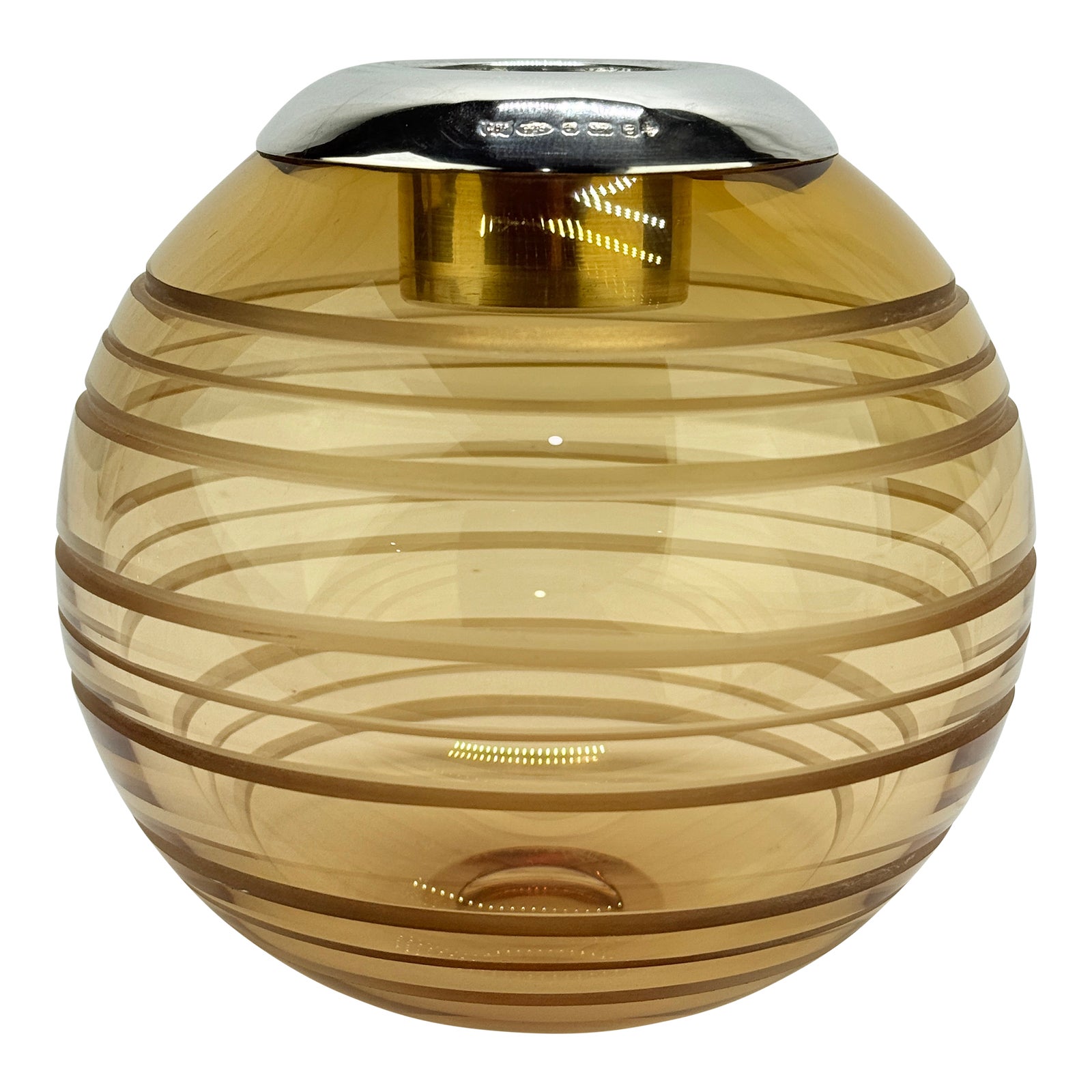 Large English Sterling-Rimmed Amber Glass Match Strike With Cut Bands C ...