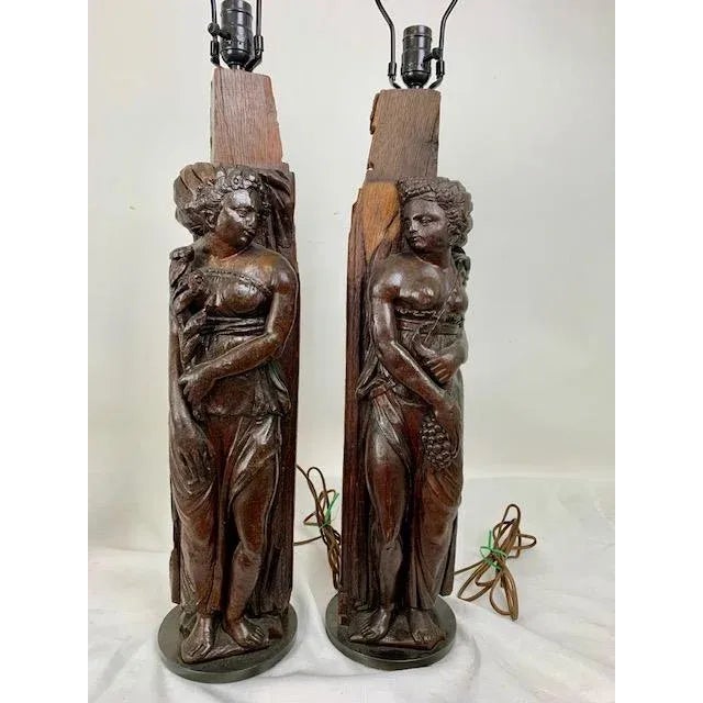 1920s Oak Carved Female Figurine Tall Table Lamps - a Pair | Chairish