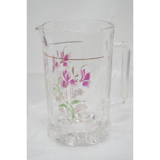 1960s Italy Glass Pitcher With Glasses 7 Pieces - Iris Pattern | Chairish