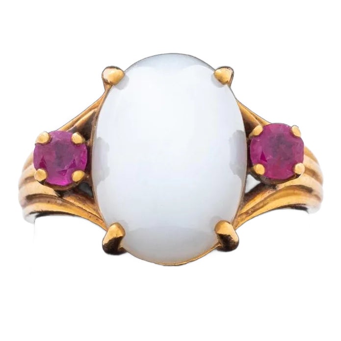 14k Yellow Gold, Moonstone & Ruby Ring | Chairish