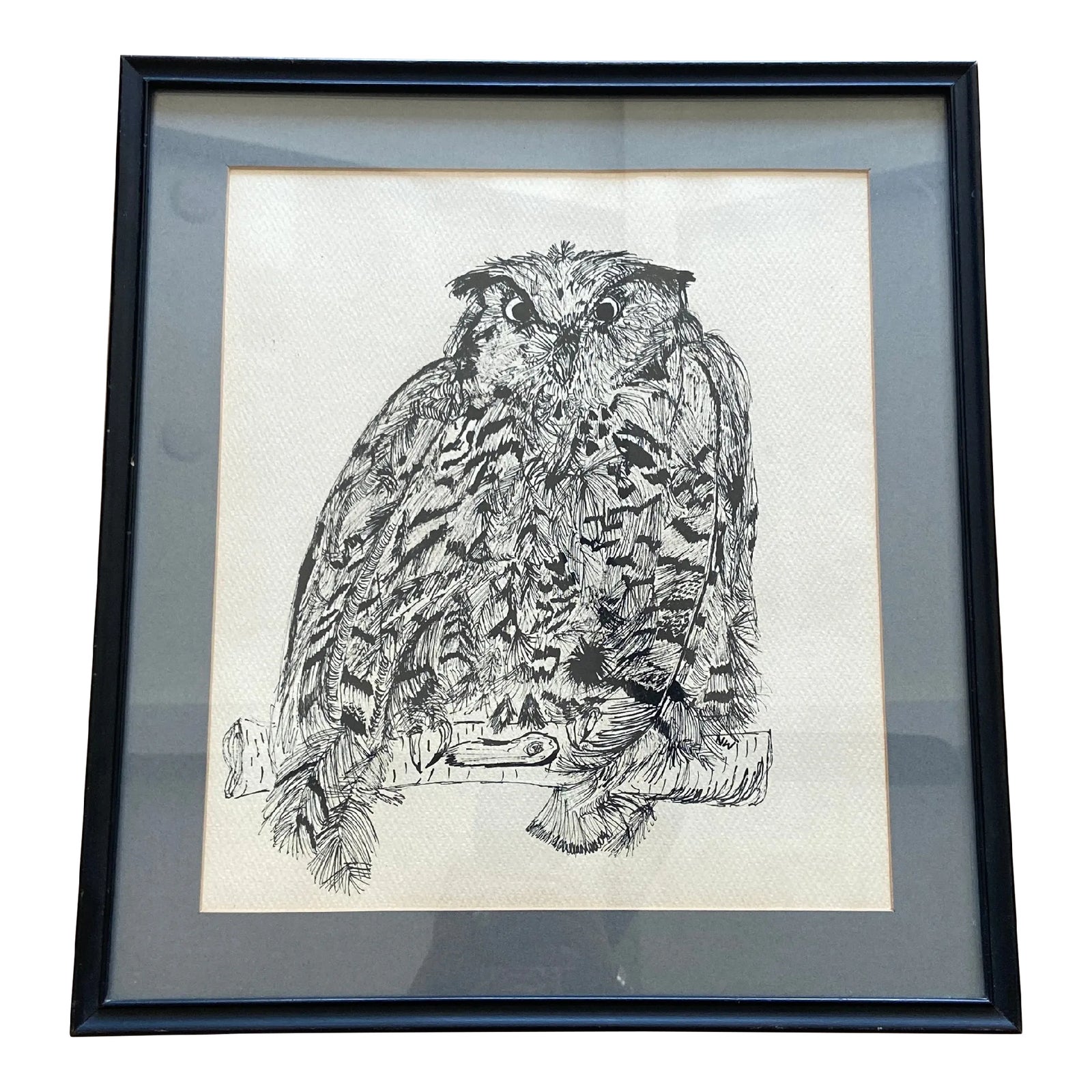 Vintage Pen & Ink Owl Sketch | Chairish