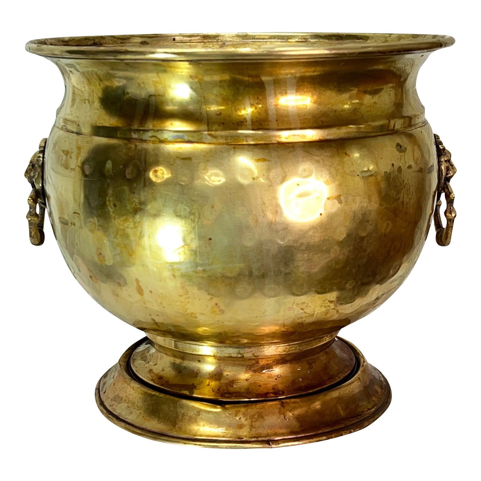 Bulb Shape Hammered Brass Cachepot With Lion Head Mounts | Chairish