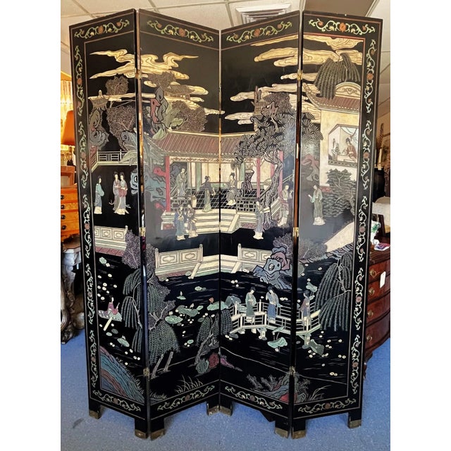 Monumental Vintage Asian Coromandel 4-Panel Floor Screen With Incised ...