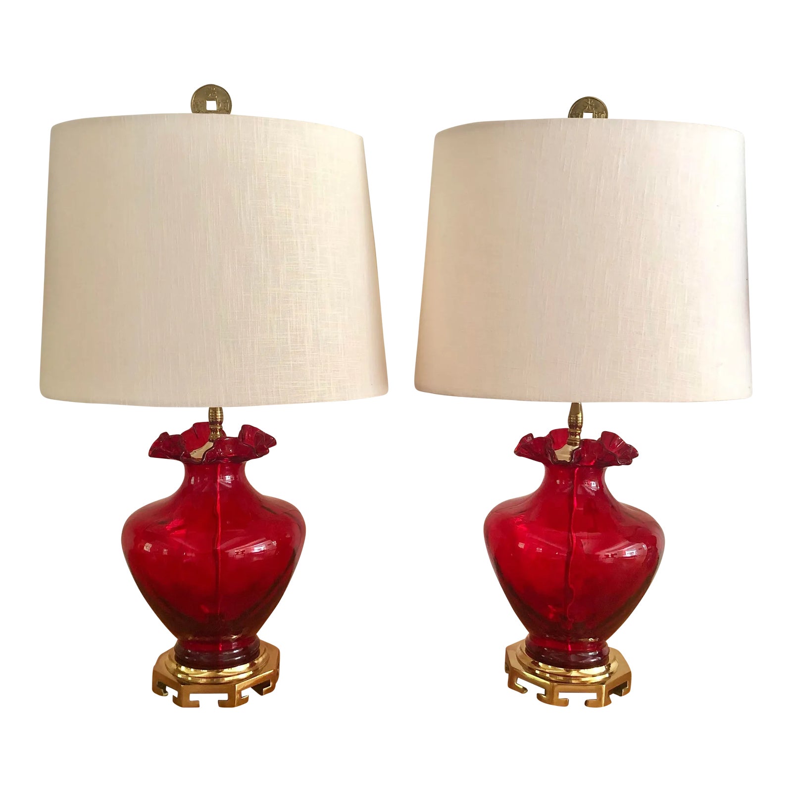 Hollywood Regency Red Glass Table Lamps With Oval Shade - a Pair | Chairish
