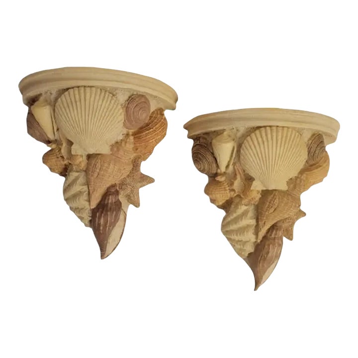 Vintage Coastal Regency Seashell Form Off White Tan Wall Brackets ...