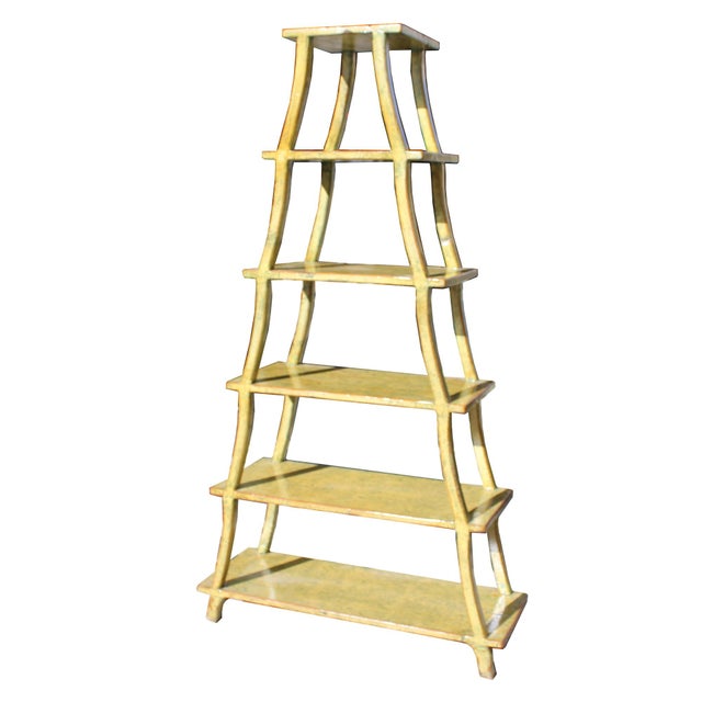 Distressed Yellow 5 Shelves Triangle Ladder Shape Bookcase Display ...