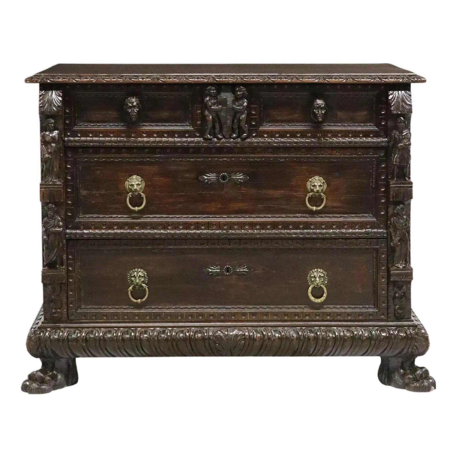 19th C. Antique Italian Renaissance Revival, Figural, Drawers, Carved ...