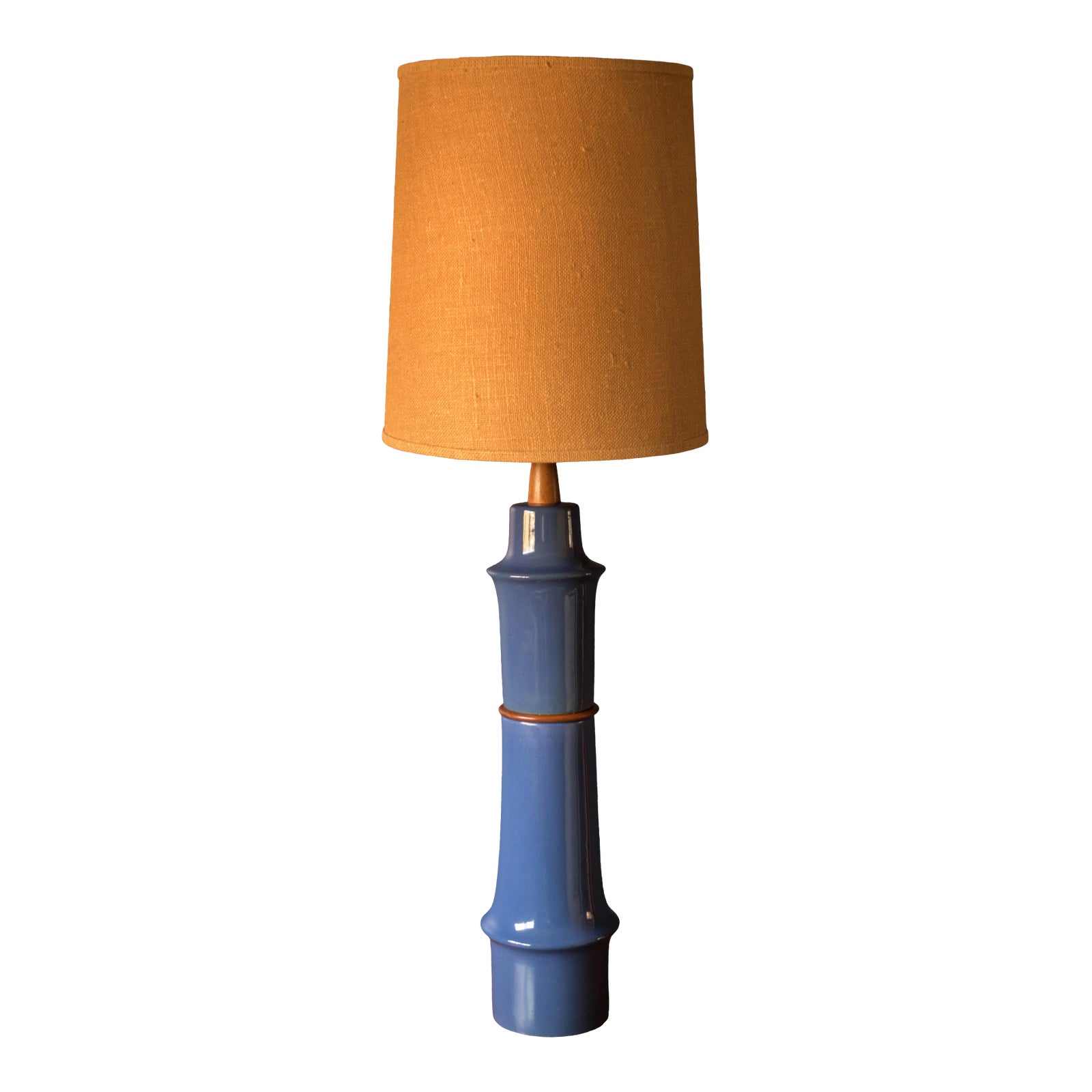 Mid Century Blue Stoneware Table Lamp With Shade by Martz | Chairish