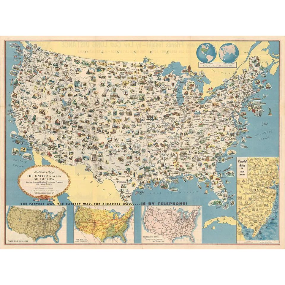 Decorative Pictorial Map of the United States, 1953 | Chairish