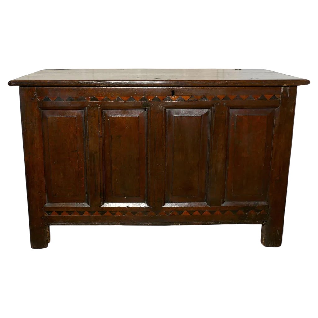 Large 17th Century Inlaid Panelled Oak Coffer, 1630s | Chairish