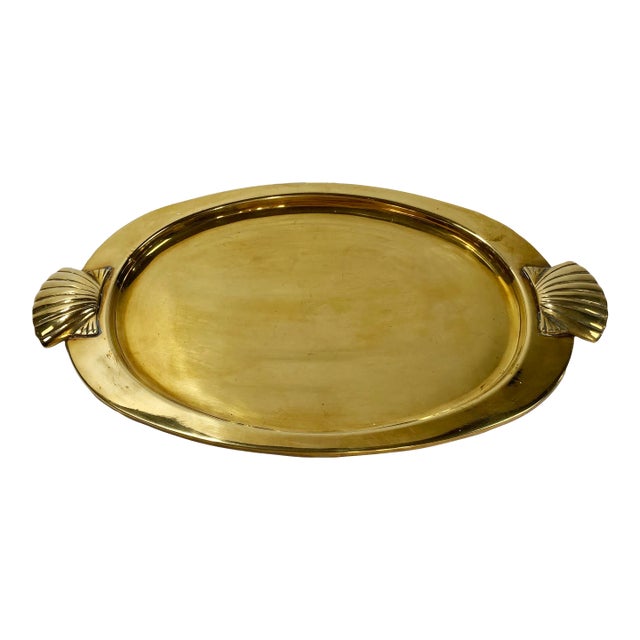 Vintage Brass Oval Shell Motif Handled Tray | Chairish