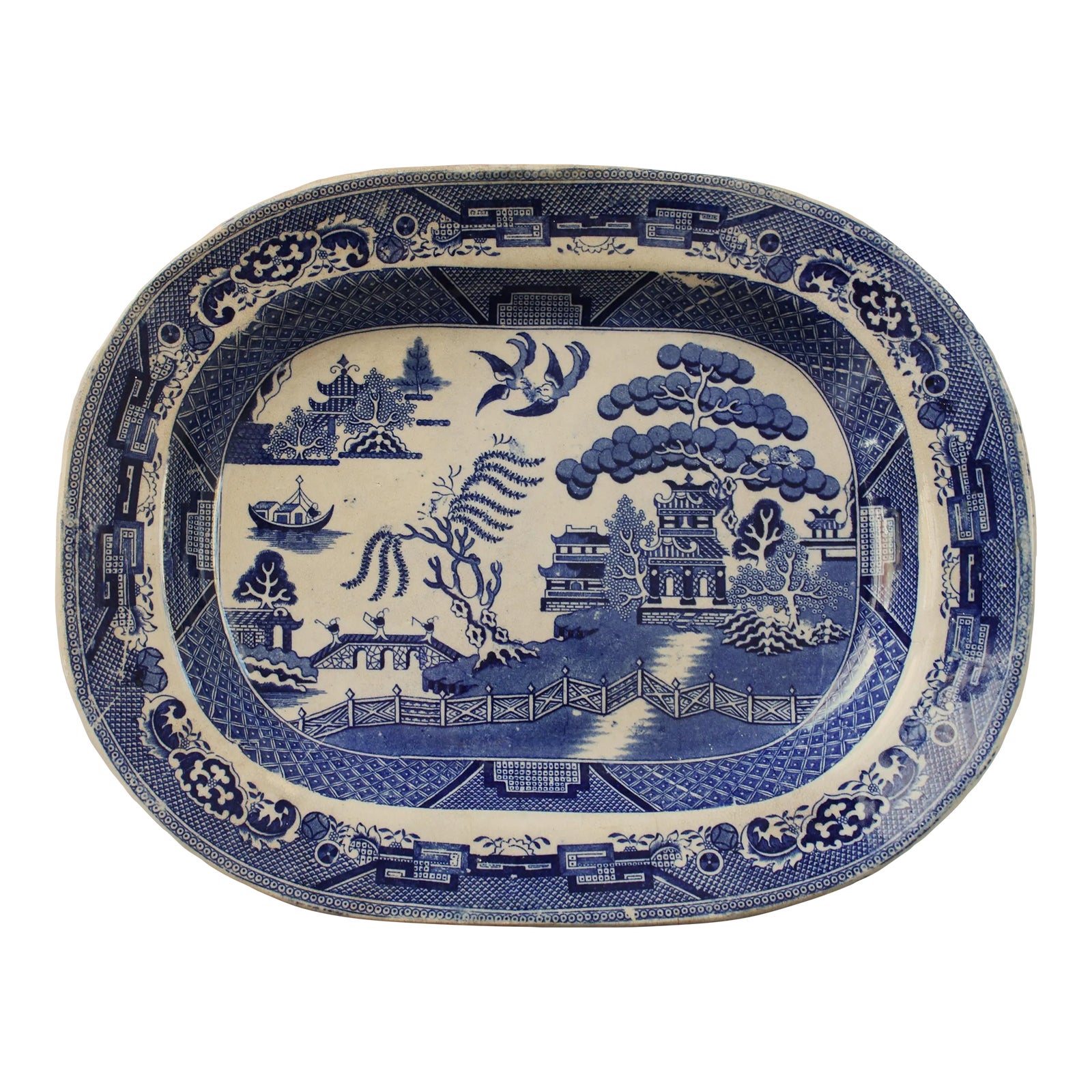 19thC. Staffordshire Blue Willow China Platter/Chinoiserie | Chairish