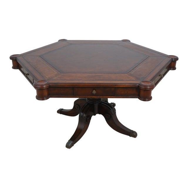 Maitland Smith Hexagonal Leather Top Mahogany Games Table | Chairish