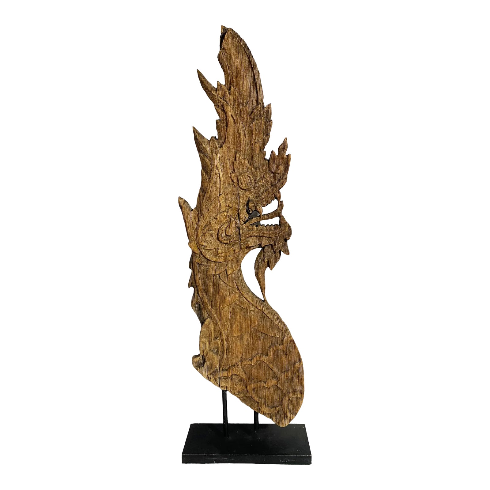 19th Century Thai Wood Naga Roof Finial Sculpture on Iron Stand 33.5" H ...