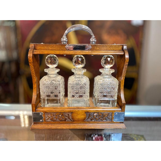 Antique English Oak Tantalus - Original Hand Cut Crystal Decanters ...