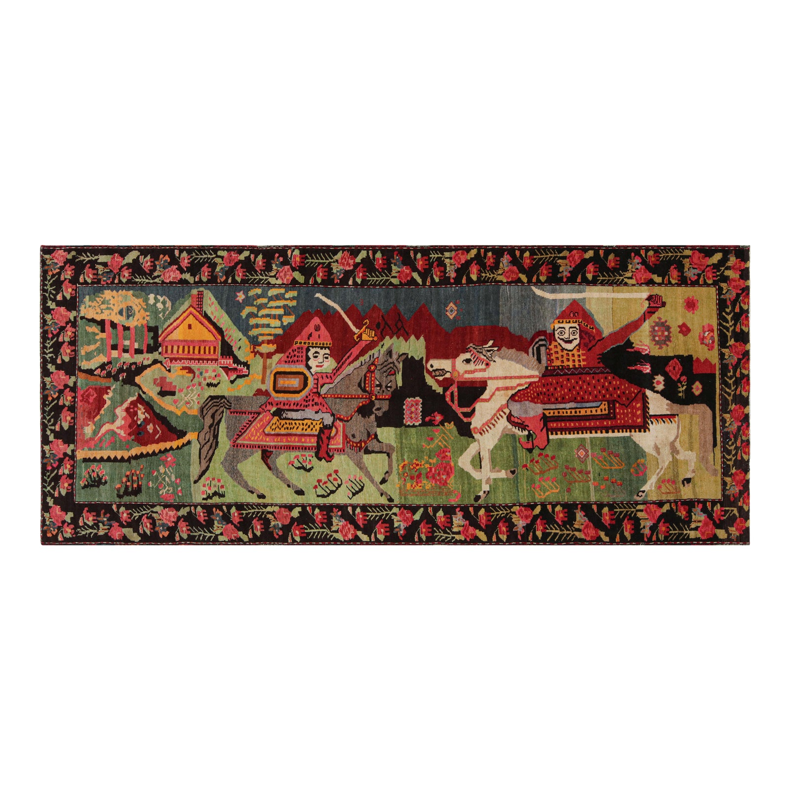 1950s Hand-Knotted Mid-Century Pictorial Rug Green Red Vintage Horsemen ...