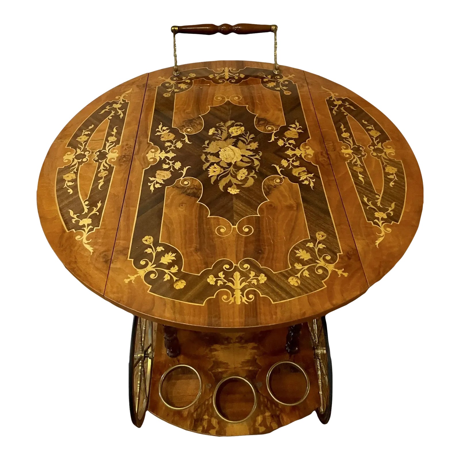 1960s Vintage Italian Floral Inlay Rolling Bar Tea Cart With Drop Leaf ...