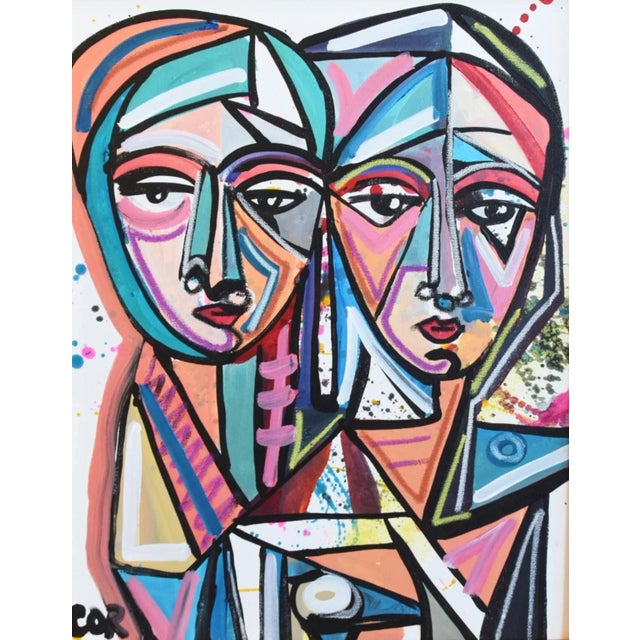 Contemporary Modern Cubism Portrait of Twins Oil Painting W/ Antiqued ...