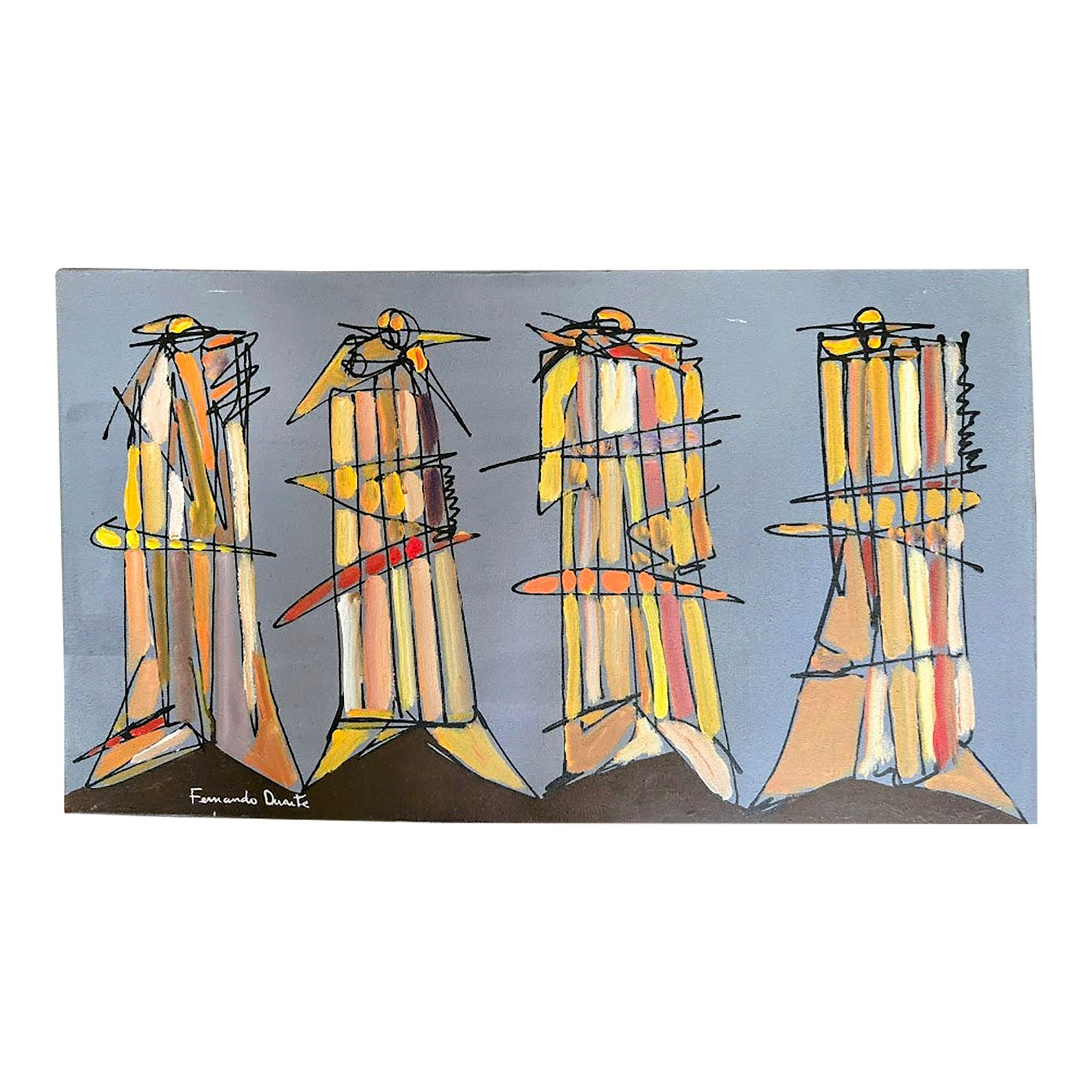 1990s Acrylic Painting With India Ink on Stretched Canvas by Brazilian ...