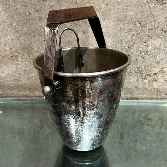 1950s Modernist Silver Plate Ice Bucket Set With Sculptural Tongs