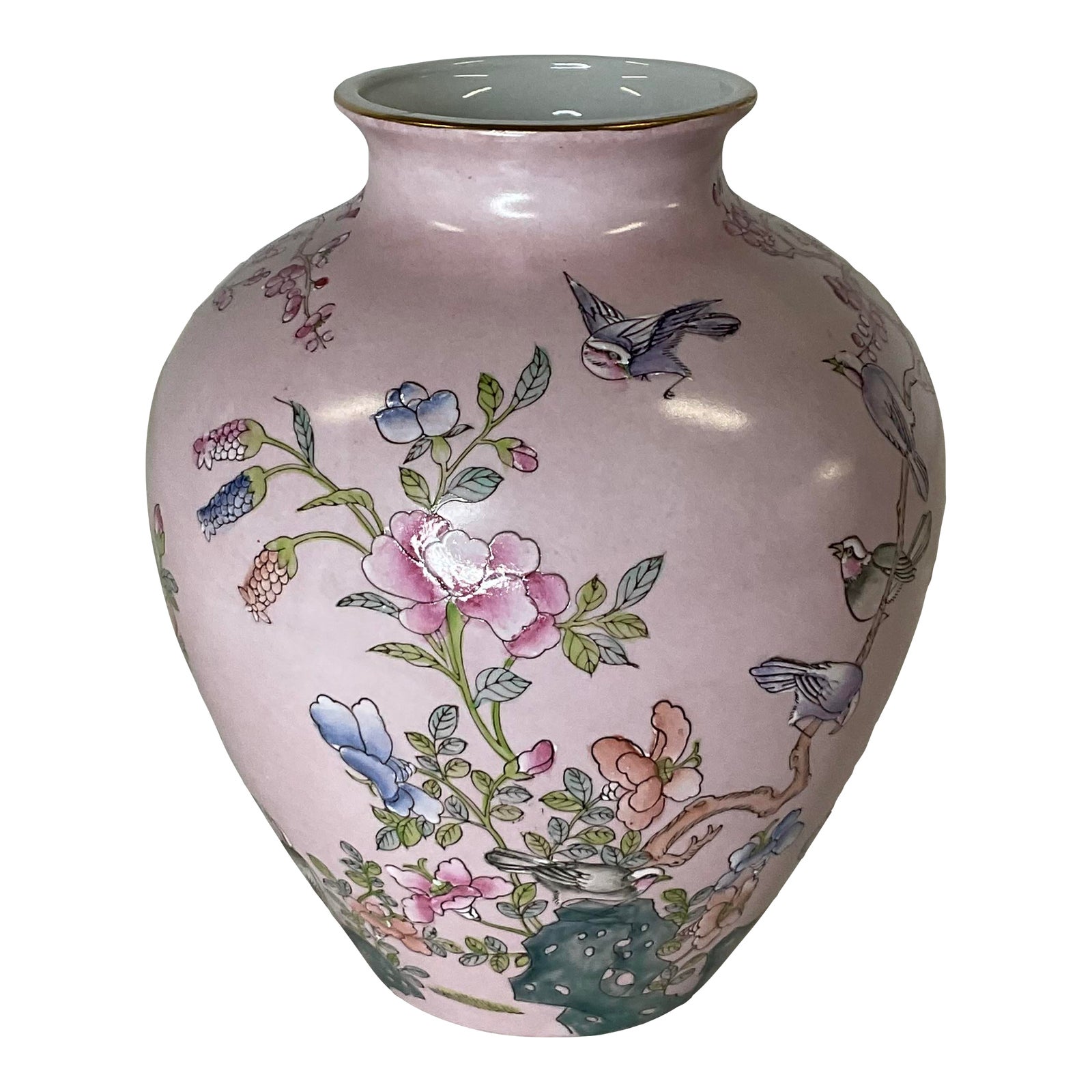 1980s Blush Vase With Birds | Chairish