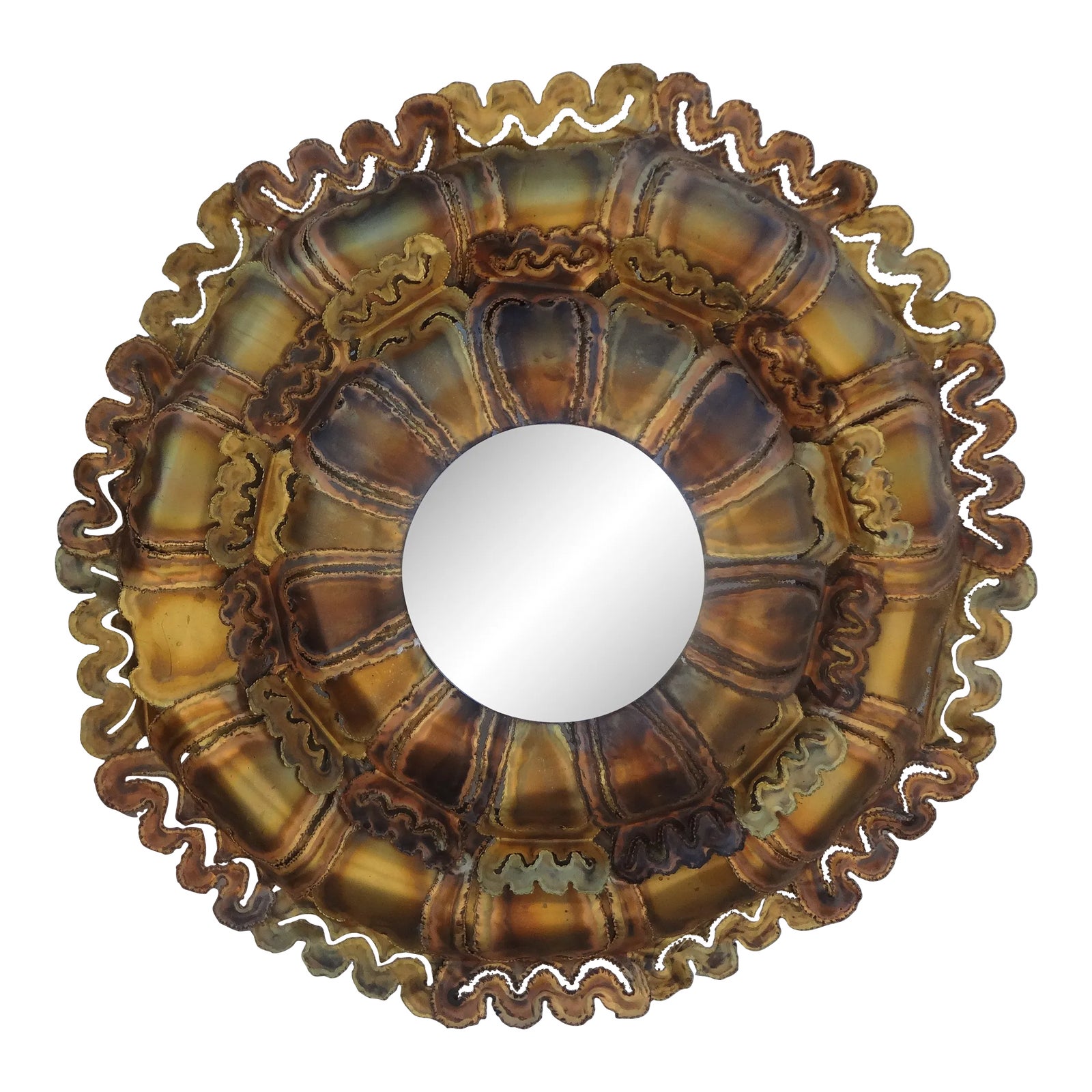 Mid Century Brutalist Torch Cut Mixed Metal Convex Mirror | Chairish