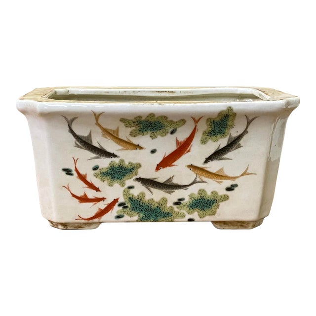 Distressed Off White Porcelain Koi Fishes Rectangular Planter Pot ...