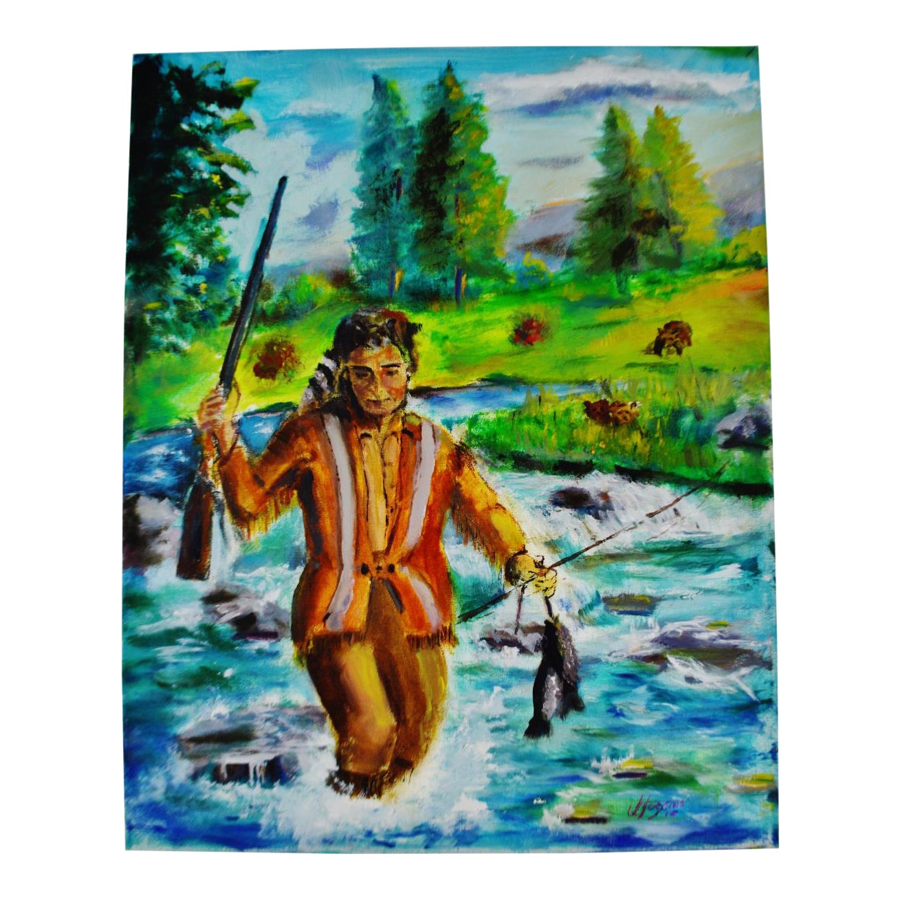 Native American Fishing Oil on Canvas | Chairish