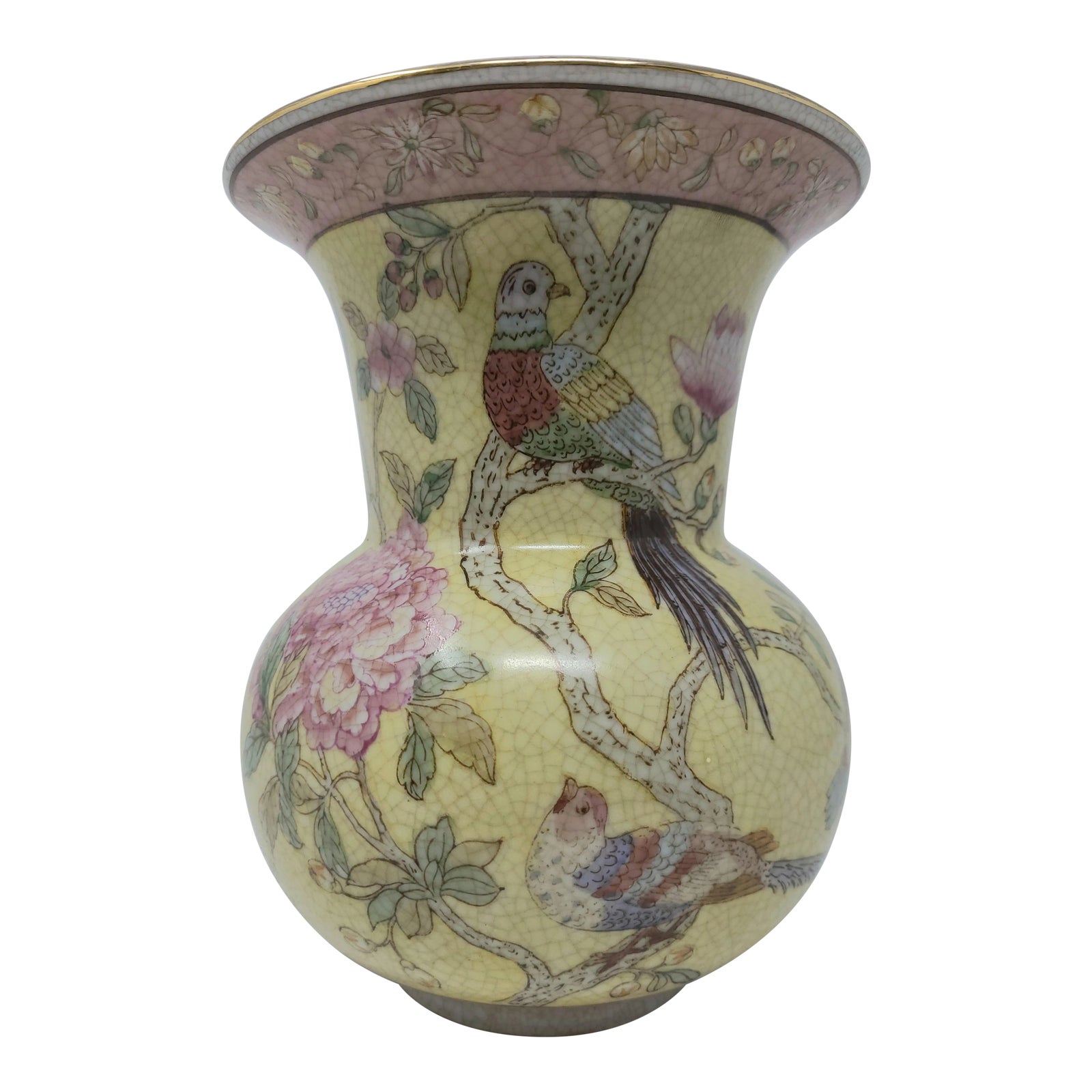 Vintage Hand Painted Asian Large Bulb Bottom Vase With Mums and Parrots ...