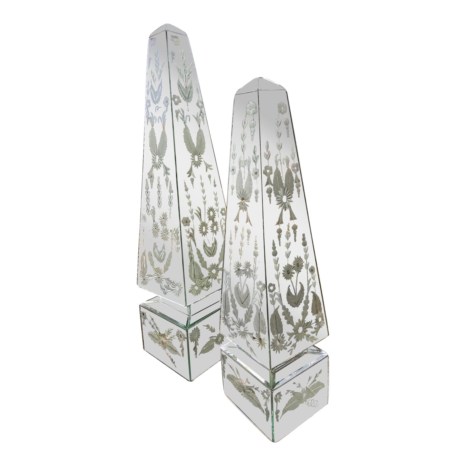 Pair of Etched Glass Venetian Style Obelisks | Chairish