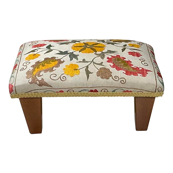 Hand Embroidery Suzani Upholstered Foot Stool | Chairish