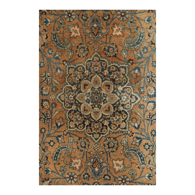 Hand-Knotted Antique Mashad Rug in Beige-Brown and Blue Floral Pattern ...